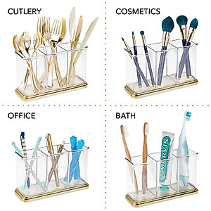 mDesign Plastic Cutlery Utensil Holder Storage Organizer Caddy for Kitchen Countertop Organization - Holds Fork, Knife, Spoon, Silverware - 3 Divided Sections - Hyde Collection - Clear/Soft Brass