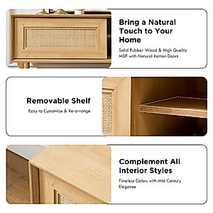 HMeeZnn Rattan TV Stand for 55 Inch TV, Mid Century Modern Entertainment Center with Storage Boho TV Console Table with 2 Cabinets for Living Room Bedroom, Natural Wood