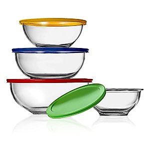 NutriChef Glass Mixing Bowl Set - 4 Sets Stackable Superior Premium Meal-prep Container w/Airtight Locking Lid, BPA-Free Leakproof, Freezer-to-Oven-Safe, For Food Preparation/Storage, Dishwasher Safe