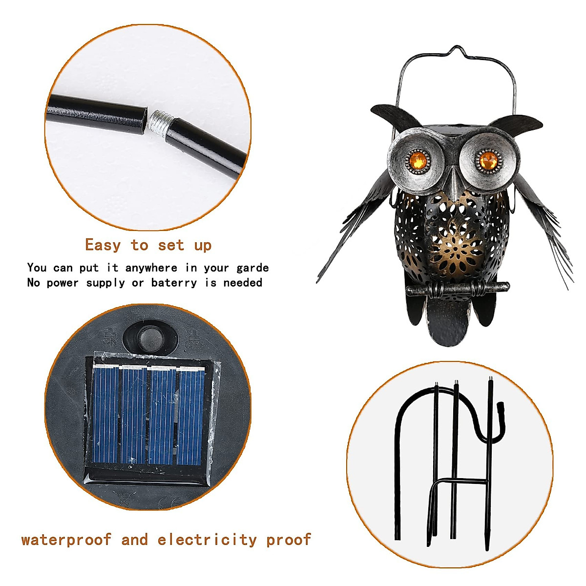 JCWH Fake Owl Solar Light,Auto On-Off Black Metal Waterproof,Animal Statue Decorative with Sheep Hook for Garden Backyard