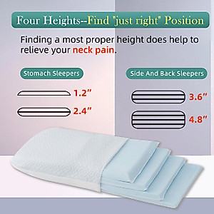 LOFE Adjustable Memory Foam Pillow - 4 Height from 1.2 to 4.8in, Cervical Pillow for Neck Pain Relief, CertiPUR-US Neck Support Pillow for Side Sleepers, Back/Stomach Sleepers, a Removable Cool Cover