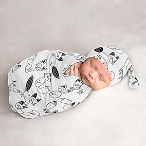 Sweet Jojo Designs Woodland Fox Baby Boy or Girl Cocoon and Beanie Hat Set Jersey Stretch Knit Sleeping Bag for Infant Newborn Nursery Sleep Wrap Sack - Black and White Forest Animal Gender Neutral