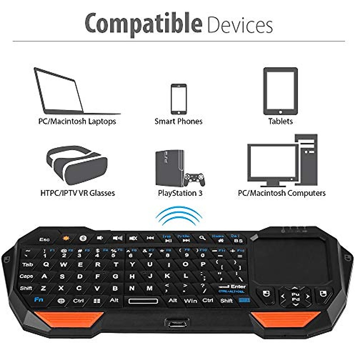 Fosmon Mini Bluetooth Keyboard (QWERTY Keypad), Wireless Portable Lightweight with Built-In Touchpad, Compatible with Apple TV, PS4, HTPC/IPTVVR Glasses, Smartphones and more