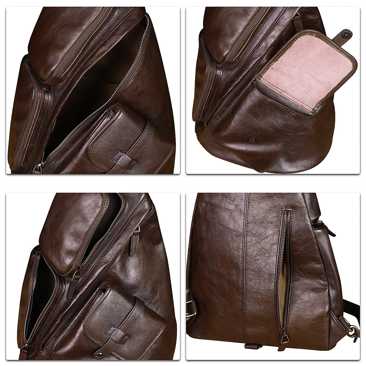 Genuine Leather Sling Bag Crossbody Casual Hiking Daypack Vintage Handmade Chest Bag Shoulder Backpack Motorcycle Pack Rucksack (Coffee)