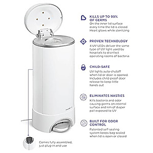 Munchkin® UV Diaper Pail #1 in Odor Control, LED UV Lights Kills 99% of Germs and Odor Causing Bacteria on Lid Surface, Includes 1 UV Refill Ring and 1 UV Snap, Seal & Toss Bag