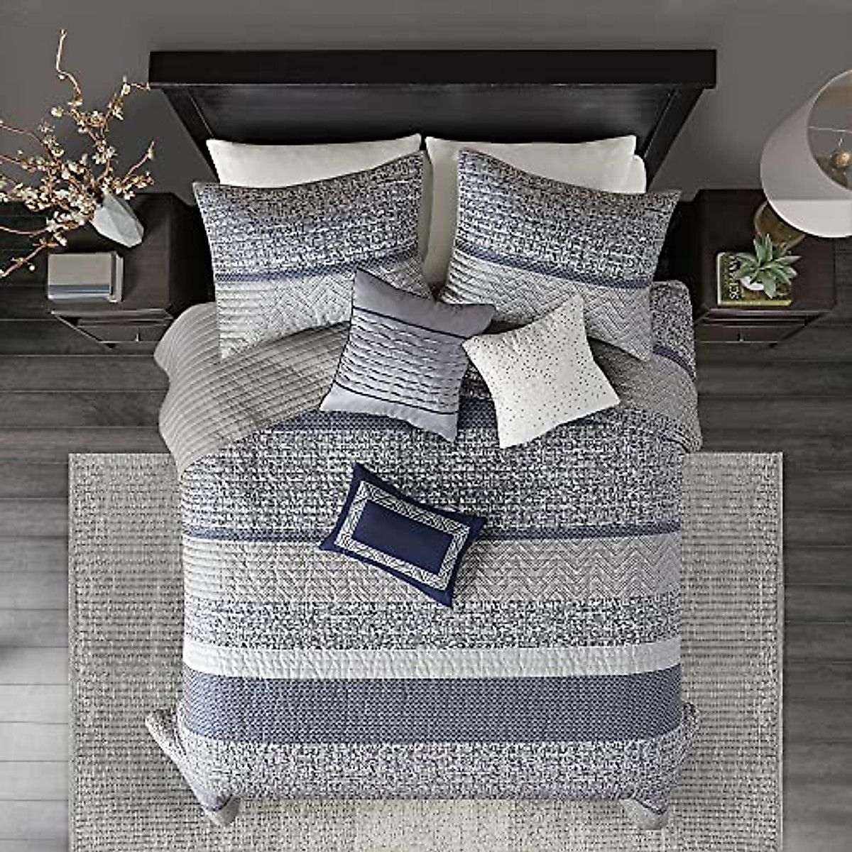 Madison Park King Quilt Set Lustrous Jacquard & Glitter Accent Coverlet Set for King Size Bed - All Season, Lightweight King Quilt Set, Shams, Decorative Pillow, King/Cal King Chevron Grey/Navy