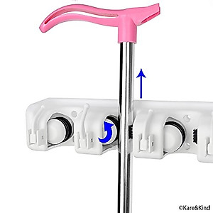 Broom Holder - Wall Mount Tool Organizer Rack - 5 Slots with Automatic Handle Grips - Perfect for Brooms, Mops, Dusters, Rakes, Shovels, etc. - 6 Foldable Hooks for Smaller Tools/Cloths