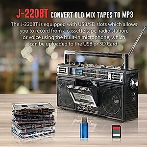 QFX J-220BT Boombox MP3 Conversion from Radio to Cassette with 4-Band (AM, FM, SW1, SW2) Radio with Bluetooth, Dual 3” Speakers, Built-in Microphone, Recorder, and a 3-Band Equalizer