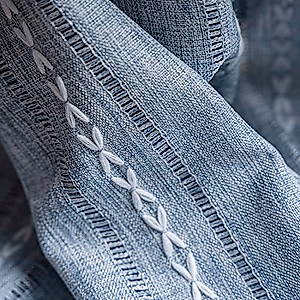 ColorBird Boho Linen Curtains for Bedroom, 84 inch Blue Striped Room Darkening Curtains & Drapes, 2 Panels Embroidered Window Curtain Panels for Dining Living Room Nursery Doorways