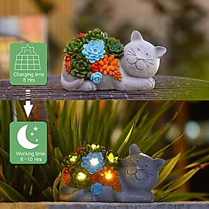 Qeeman Garden Outdoor Decor Cat Statue - Cat Resin with Solar Light Garden Statues Outsides Decorations for Cat Lovers Gardeners Family with Pets,Ornament Gift for Birthday/Mother’s Day