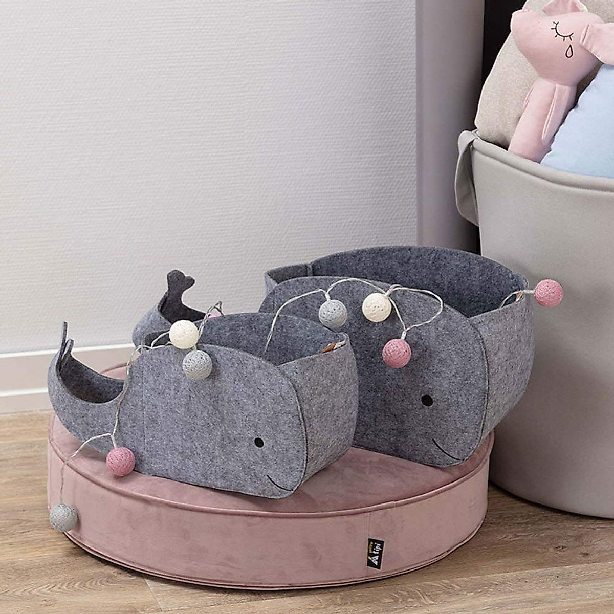 Yardwe Felt Storage Bin Fabric Storage Basket Whale Shaped Collapsible Toy Organiser Basket Laundry Hamper for Home Dark Grey