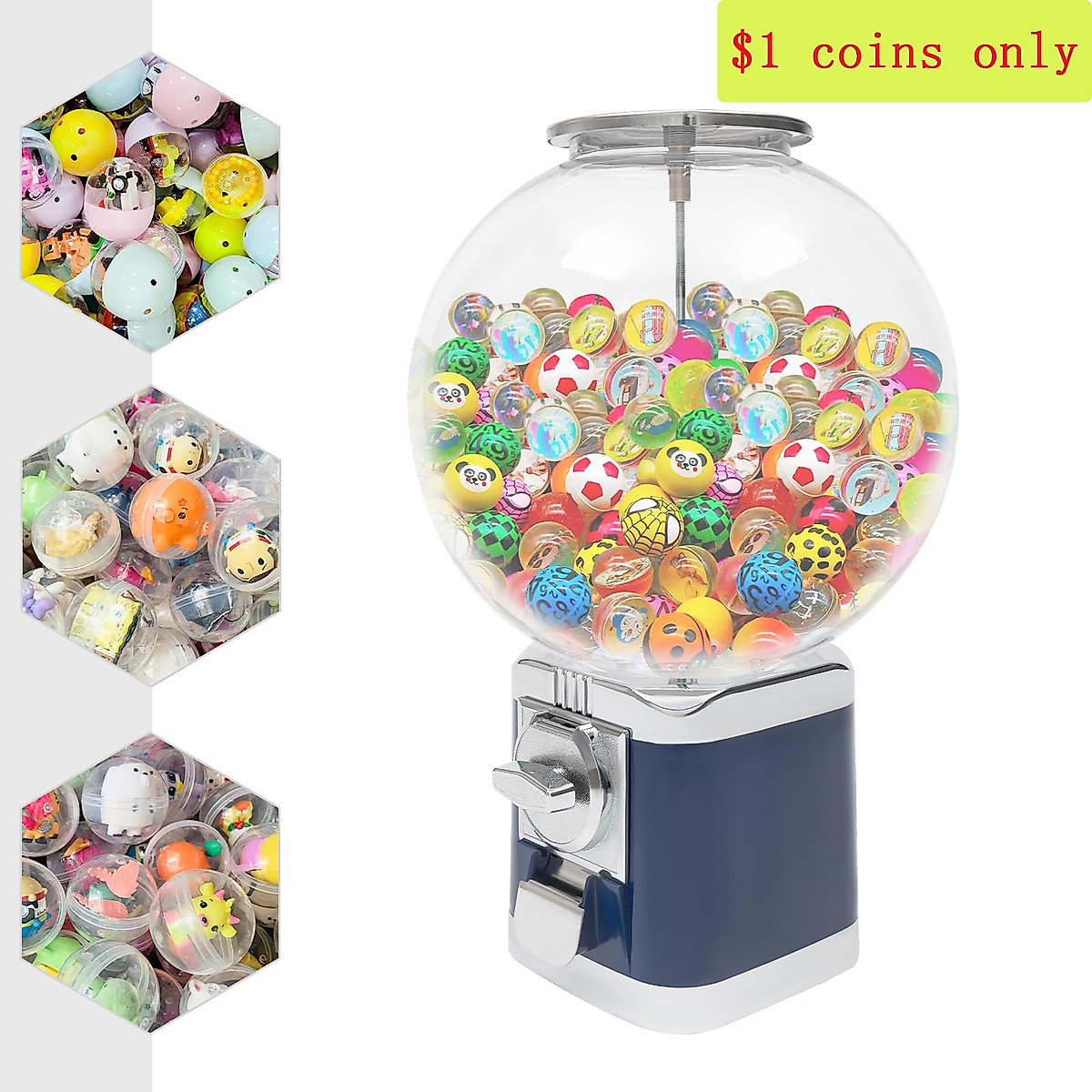 Gdrasuya10 Vending Machine, 18.11" Big Bubble Gumball Machine Lockable Candy Gumball Dispenser Machine Large Capacity Toy Vending Machine for 1.26inch Ball, Candy or $1 Coins, Dark Blue