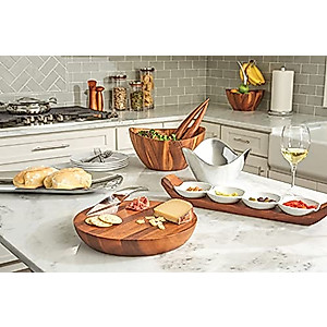 Nambe - Serveware Collection - Canu Chip N Dip Server with Dip Bowl - Measures at 22" x 5.5" - Made with Acacia Wood and Nambe Alloy - Designed by Scott Henderson