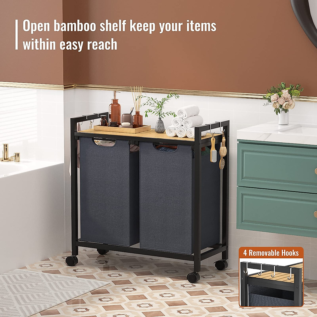 Homykic Pull-Out Laundry Hamper with Wheels and Bamboo Shelf, 2-Section 100L Laundry Organizer Sorter Cart with Removable Laundry Bags and 4 Hooks, Sturdy Metal Frame, Natural&Black