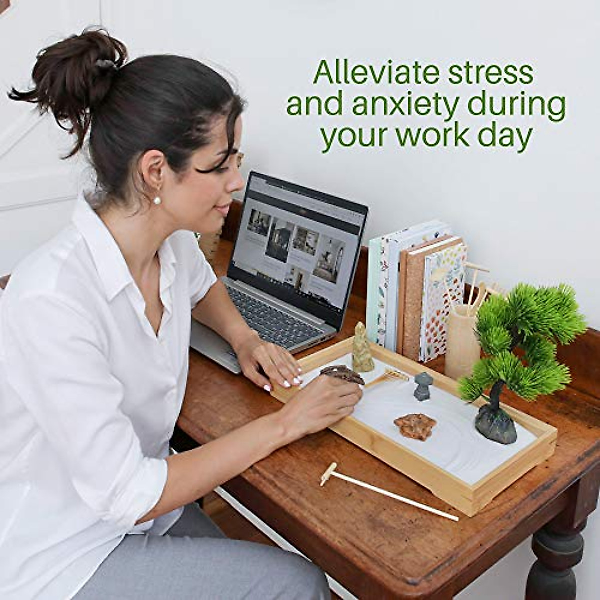 ENSO - Japanese Zen Garden for Desk - Extra Large 16" x 8" Desktop Mini Zen Garden with White Sand, Artificial Bonsai Tree, Rocks, Rakes & Accessories - Zen Gifts Sand Garden Kit for Office Decor