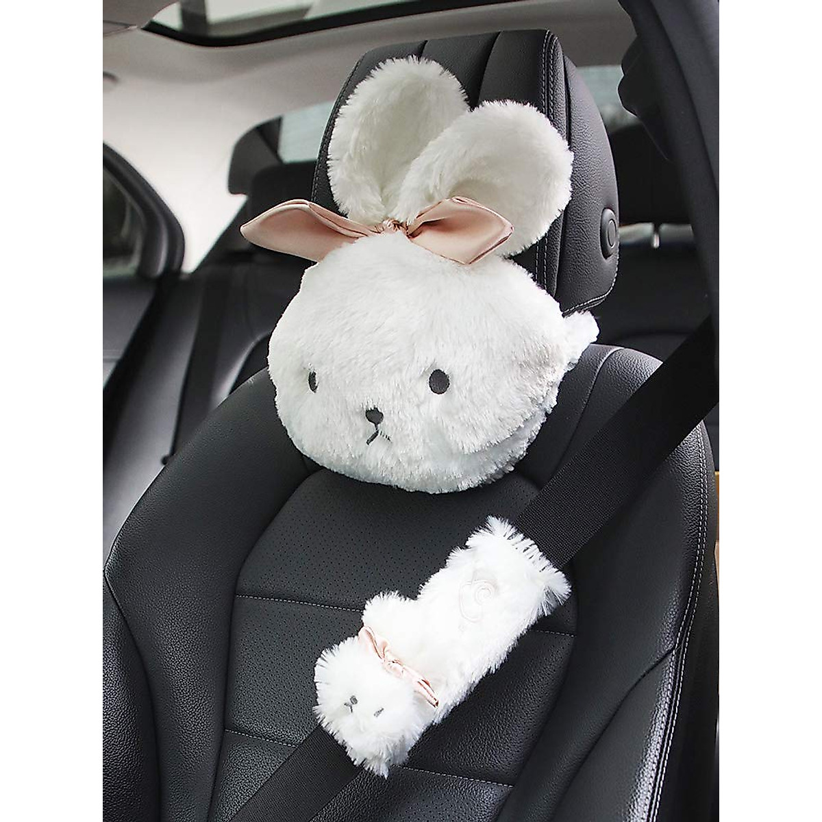 seemehappy Fluffy Cute White Bunny Neck Pillow Soft Car Headrest Pillow Cute Car Interior Accessories for Girls (Bunny Seat Belt Covers 2pcs)