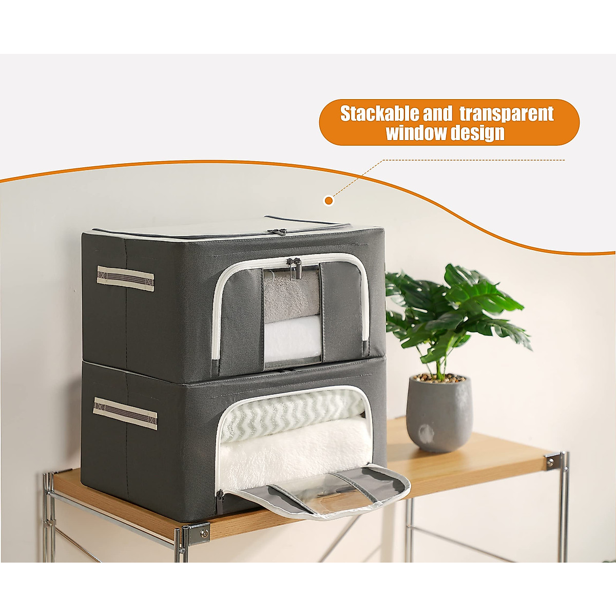 Furnhome Clothes Storage Organizer Bins, Stackable Storage Bins-Foldable Oxford Cloth Steel Frame Storage Box for Clothing Storage with Clear Window & Reinforced Handles (Dark Grey, 22L, 3PCS)