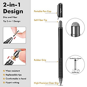 Digiroot Universal Stylus,[2-in-1] Disc Stylus Pen Touch Screen Pens for All Touch Screens Cell Phones, iPad, Tablets, Laptops with 6 Replacement Tips(4 Discs, 2 Fiber Tips Included) - (Black)