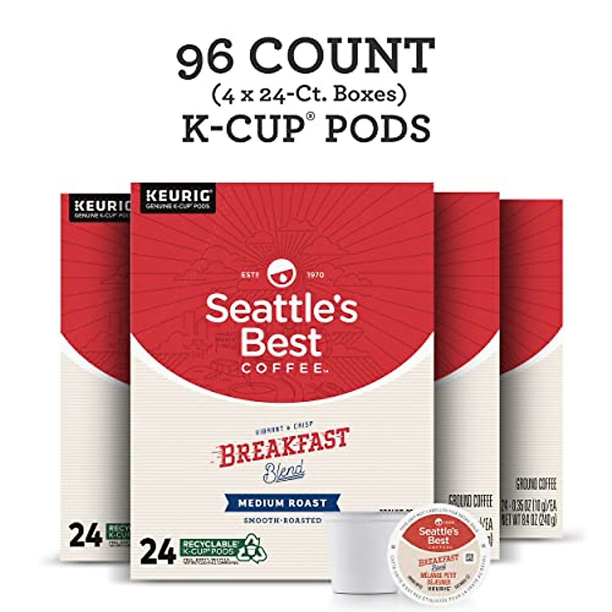 Seattle's Best Coffee K-Cup Coffee Pods—Medium Roast Coffee—Breakfast Blend for Keurig Brewers, 100% Arabica—4 boxes (96 pods total)