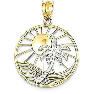 IceCarats 14K Two Tone Gold Sun Palm Tree Necklace Summer Beach Pendant Tropical Charm 26mm x 20mm Only
