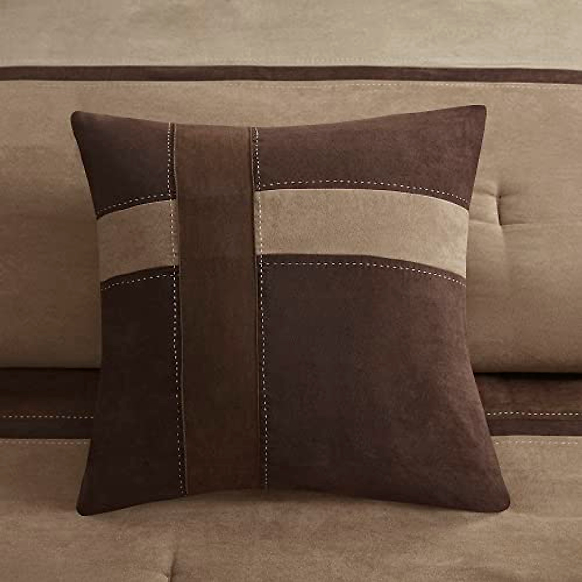 Madison Park Palisades Comforter Set Modern Faux Suede Pieced Stripe Design, All Season Down Alternative Cozy Bedding with Matching Shams, Decorative Pillows, Queen(90"x90"), Brown 7 Piece