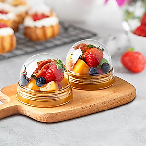 Zezzxu 3 Inch Charcuterie Domes with Lids, 50 Pack Clear Plastic Bundt Cake Containers Hot Cocoa Bombs Boxes Individual Cups for Packaging Desserts Strawberries (Gold Base)
