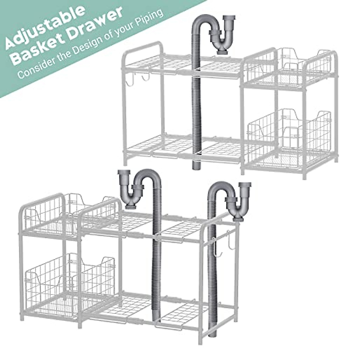 Under Sink Organizers and Storage, Zitaloken Bathroom Cabinet Organizer with Pull Out Drawer & Expandable Shelf, Kitchen Sink Organizer Metal Rack with Non-slip Feet, Matte Black