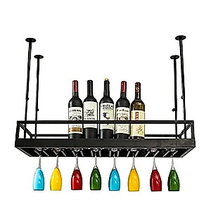 Ceiling Glass Rack Industrial Vintage Floating Shelf,Adjustable Height,Ceiling Mounted Hanging Bottle Holder,Stemare Holder,for Bar Home Kitchens,Black