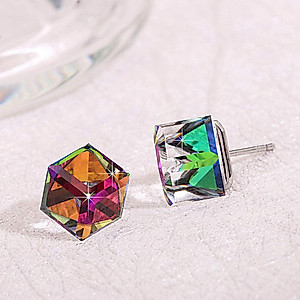 Cube Austrian Crystal Drop Stud Earrings for Women Fashion S925 Sterling Silver Hypoallergenic Jewelry (Rainbow)