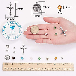SUNNYCLUE 1 Box 276Pcs Rosary Cross Charms Round Cross Beads Beading Bracelets Making Kit DIY Synthetic Turquoise Beaded Adjustable Stretch Rosary Bracelet Kits Cross Beads Craft Kit Instruction
