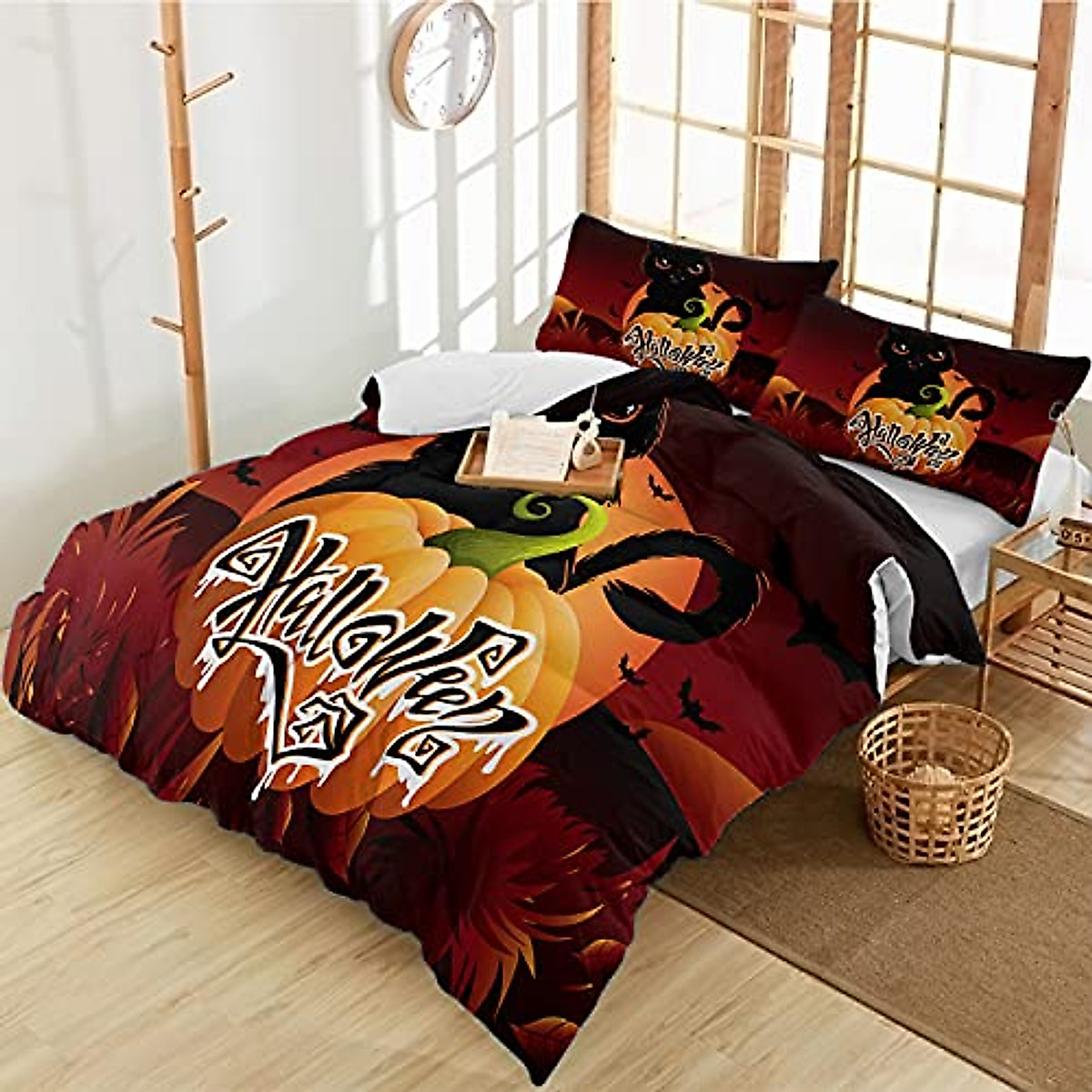 Halloween Twin Duvet Covers Cute Cats with Pumpkins 3-Piece Bedding Sets Luxury Soft Microfiber Bed Comforter Protector with Pillow Cases for Women Men Girl Boy Spooky Night Moon