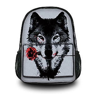 Fashion Unisex Canvas Rucksack Vintage Computer Laptop Backpack School Travel Shoulder Backpack Bag (Wolf with Rose) CPB-60