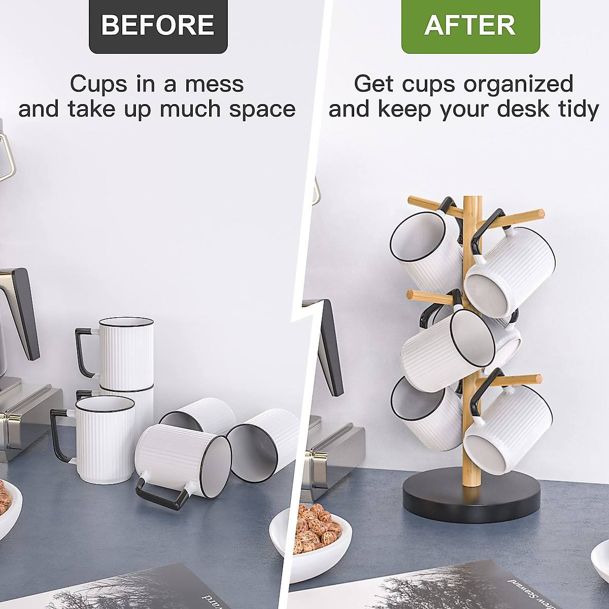 Wisuce Bamboo Mug Holder Tree, Thicker Base Coffee Cup Holder Stand for Counter, Mug Rack with 6 Hooks