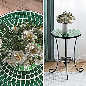 FROMJBEST Mosaic Outdoor Side Table, Patio Side Table, Weather Resistant 14" Diameter 21" H Ceramic Tile Round Outside Table for Patio, Porch, Garden, Pool, Indoor&Outdoor,Plant Stand (Vortex)