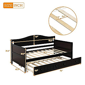 Lepfun Twin Size Wooden Daybed with Trundle, No Box Spring Needed Sofa Bed w/Slats Support, Classic and Simple Platform Bedframe for Bedroom, Living Room, Space Saving Furniture, Espresso