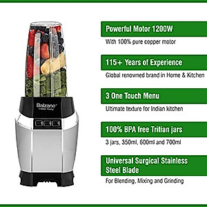 Balzano High Speed Nutri Blender/Mixer/Smoothie Maker - 1000 Watts - 8 Pcs Set, Silver Compact