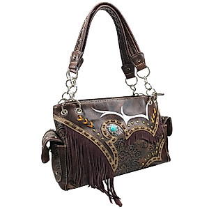 Zelris Women Shoulder Handbag Wallet Set Turquoise Concho Suede Fringe Two Tone Cowgirl Conceal Carry Purse (Western Brown)