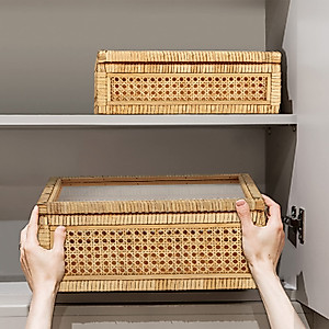 Set of 2 Boho Rectangular Rattan Decorative Boxes with Glass Lids Woven Cane and Rattan Display Boxes with Lids Storage Basket Bins for Home Decor (15.4 x 9.5 x 7.1 Inch, 12.6 x 6.7 x 4.3 Inch)