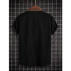 Milumia Men's Casual Button Up Shirt Pocket Short Sleeve Colorblock Blouse Tops Black and Brown Large