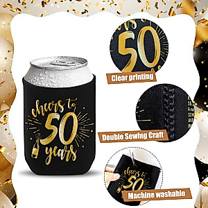 Happy 50th Birthday Decorations for Men Women, 50th Birthday Party Supplies, Vintage 1974- Fifty Birthday Party Beverage Can Cooler Sleeves, 12-Pack, Black & Gold