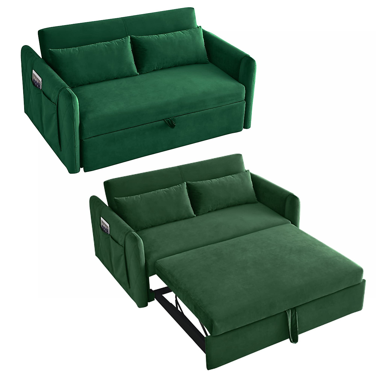 Ucloveria Sleeper Sofa, Pull Out Couch with 2 Detachable Arm Pockets, Loveseat Sleeper Adjustable, 55" Convertible Pull Out Sofa Bed for Living Room Bedroom, Velvet Green