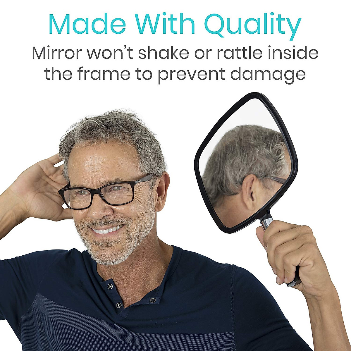 Vive Hand Mirror - Handheld Mirror with Handle - Extra Large Travel Portable Design - Makeup Mirror, Hair, Bathroom, Shaving, Barber - Vanity for Women, Men with Paddle Handle - Black Plastic Tool