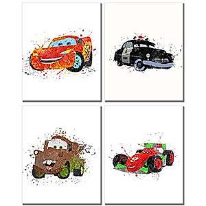 Cars Watercolor Prints - Set of 4 (8 inches x 10 inches) Wall Art Decor Kids Bedroom Photos Lightning McQueen Tow Mater Francesco Bernoulli Sheriff