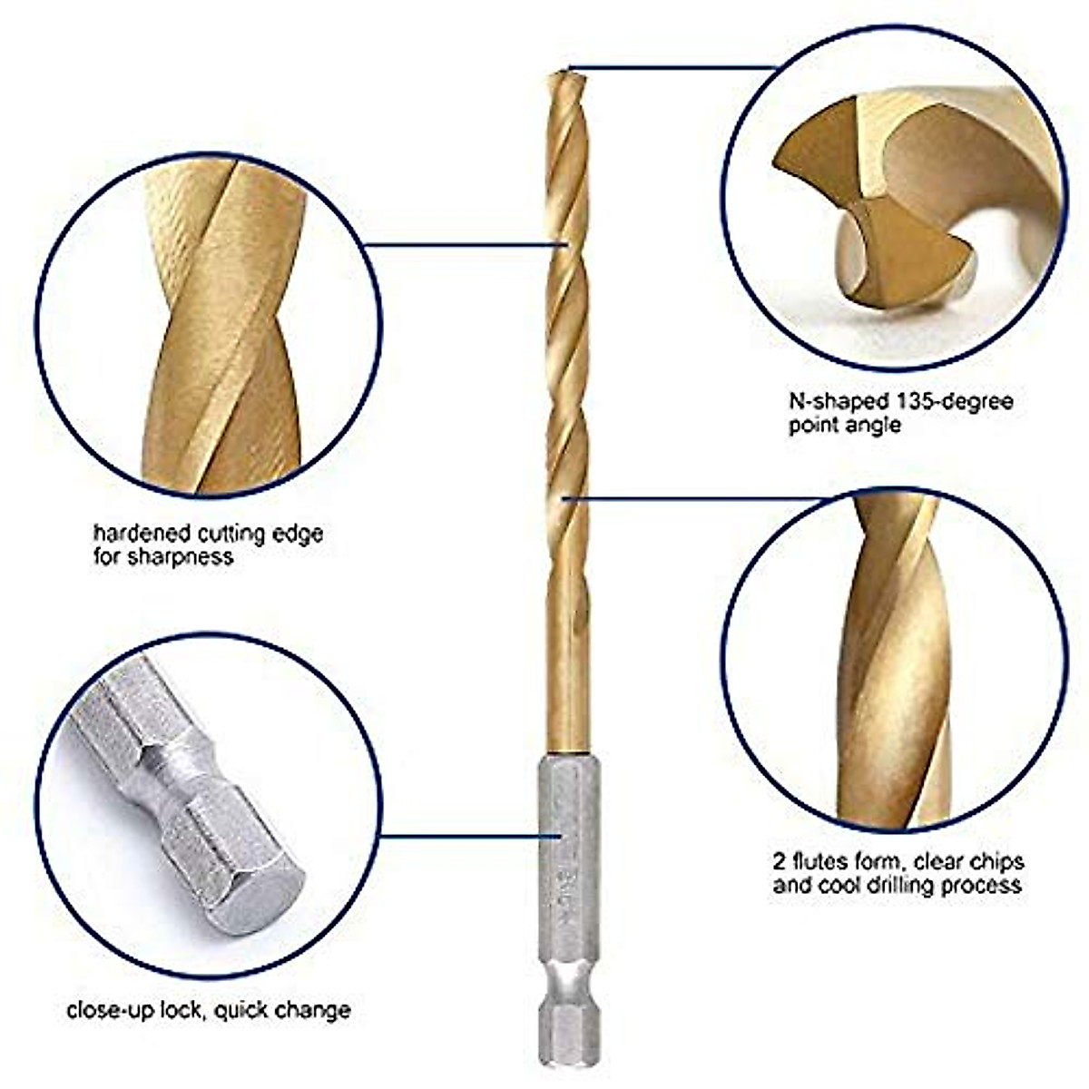 Drill Bit Set Titanium Coated Quick Change HEX Shank Drill Bit Set for Wood Soft Metal Plastic Improved Design 1/16” to 1/4” Holder Included Twist Drill Bit Set High Speed Steel