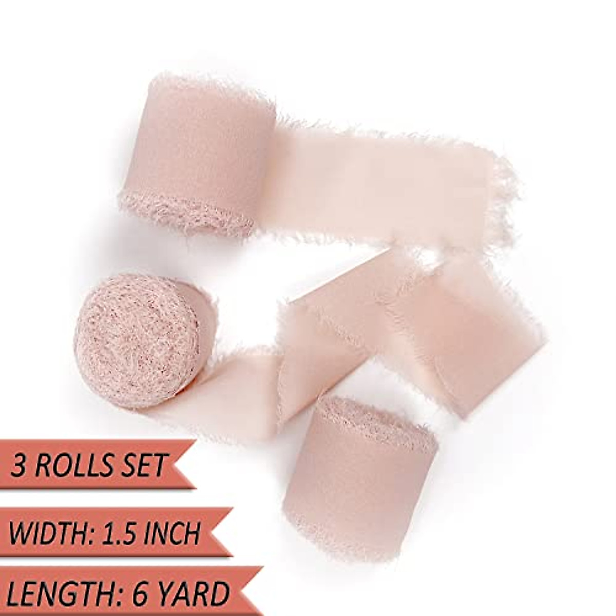 Blush Pink Chiffon Ribbon 3 Rolls Frayed Chiffon Silk Ribbons for Bouquets, Wedding, Gift Wrapping (1.5"x 6 Yd)