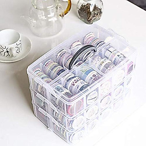 Washi Tape Box Organizer Storage with 30 Adjustable Compartments,Divider Closet Container,Clear,Masking Tape Desktop Tape DIY Sticker Roll Tape Cutter Holder Storage