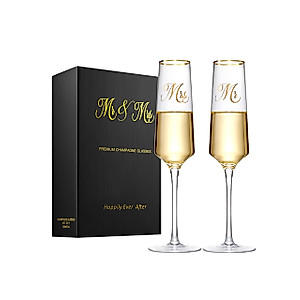 Christmas Mr and Mrs Wedding Champagne Flutes with Long Stem,Bride and Groom Toasting Glass Set of 2, Bridal Shower Gift Unique for Wedding, Anniversary, Wifey Gifts, Engagement Gifts for Couples