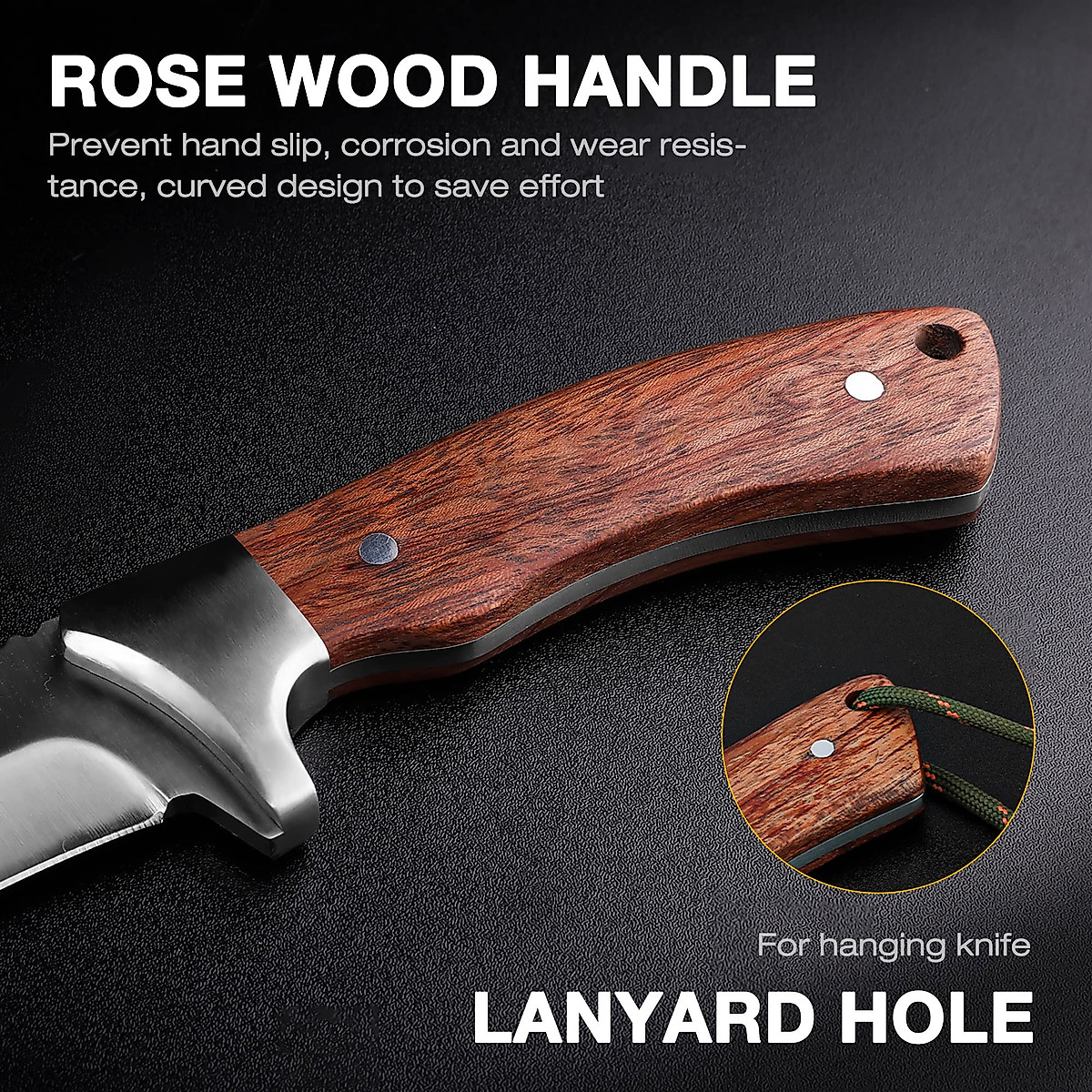 Flissa Fixed Blade Knife with Sheath, 9.8'' Full Tang Hunting Knife with High Carbon Steel Blade, Non-Slip Rose Wooden Handle, Lanyard Hole, Camping Knife for Hiking, Outdoor, Hunting, Survival, Camping