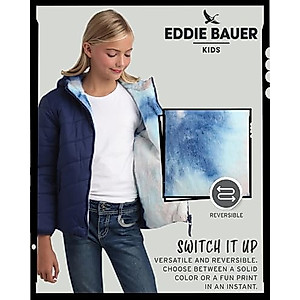 Eddie Bauer Girls' Reversible Jacket - Deer Harbor Waterproof Lightweight Puffer Coat with Faux Shearling Lining (5-20), Size 10-12, Navy Blue