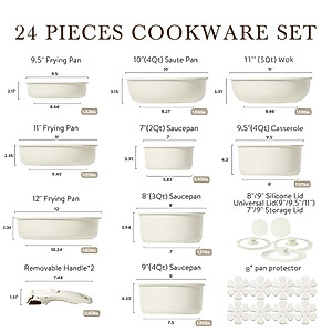 CAROTE 24pcs Detachable Handle Pots and Pan Set, Nonstick Induction Cookware, Removable Handle Kitchen Cookware Set, RV Oven Safe Cookware, Kitchen Cookware Set Non Stick, Cream White